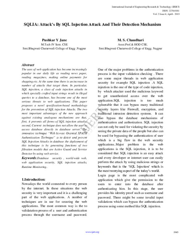 (PDF) SQLIA: Attack’s By SQL Injection Attack And Their Detection Mechanism