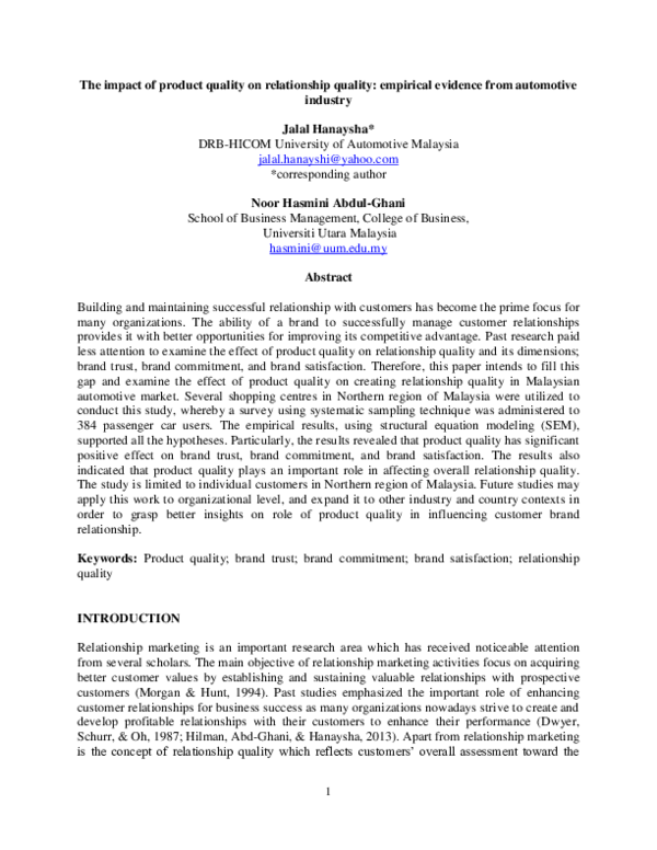(PDF) The impact of product quality on relationship quality: Empirical ...