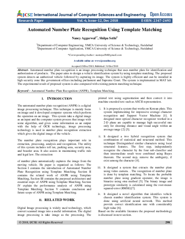 Pdf Automated Number Plate Recognition Using Template Matching