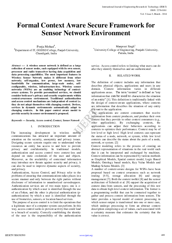 (PDF) Developing a Context-Aware Secure Model for Sensor Network Environment