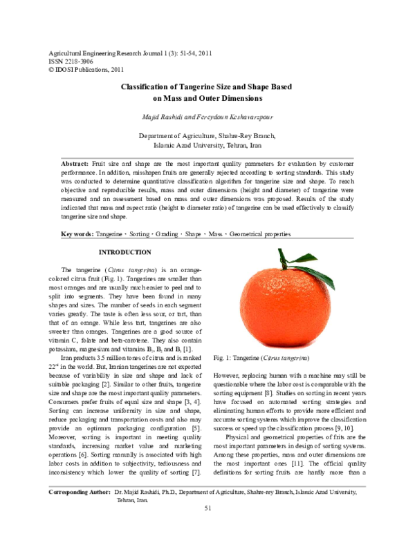 (PDF) Classification of Tangerine Size and Shape Based on Mass and ...