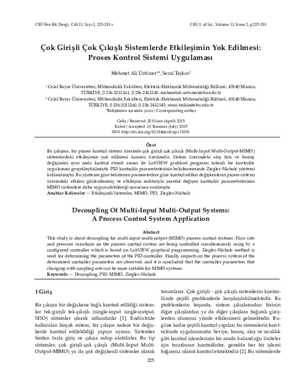(PDF) Çok Girişli Çok Çıkışlı Sistemlerde Etkileşimin Yok Edilmesi ... (PDF) Çok Girişli Çok Çıkışlı Sistemlerde Etkileşimin Yok Edilmesi ...
