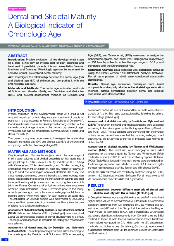 (PDF) Dental and Skeletal Maturity- A Biological Indicator of ...