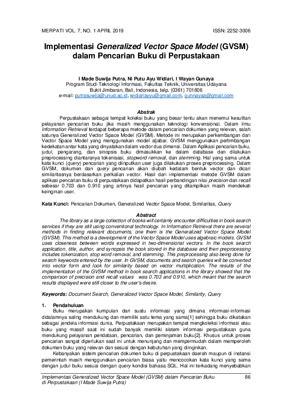 (PDF) Implementasi Generalized Vector Space Model (GVSM) dalam Pencarian Buku di Perpustakaan