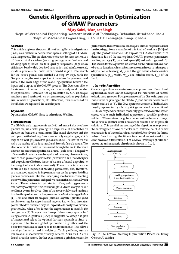 (PDF) Genetic Algorithms approach in Optimization of GMAW Parameters