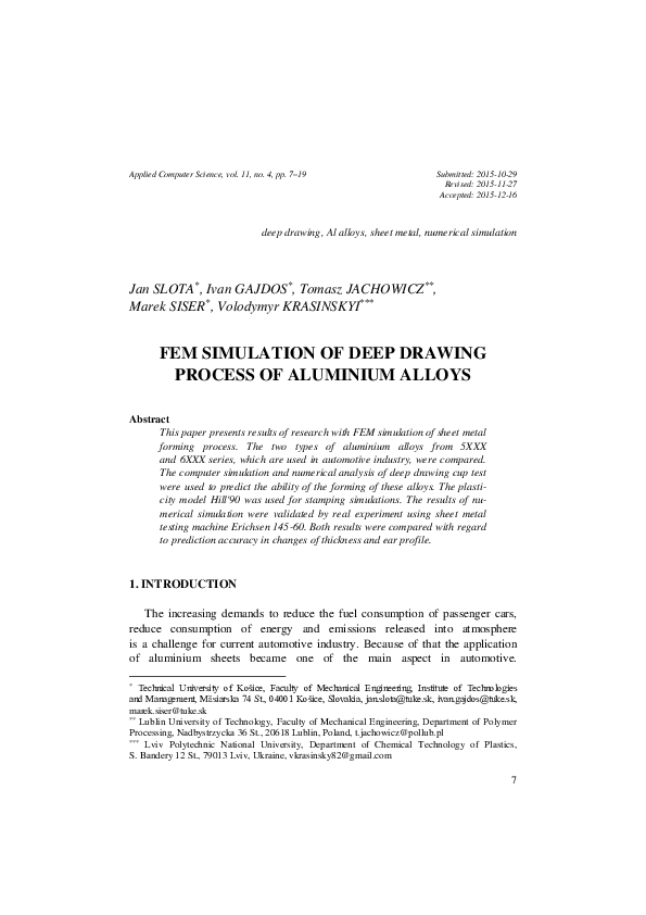 (PDF) FEM Simulation of Deep Drawing Process of Aluminium Alloys