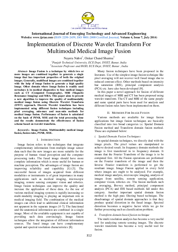 Pdf Implementation Of Discrete Wavelet Transform For Multimodal Medical Image Fusion