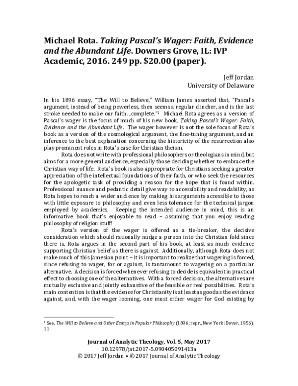 (PDF) Michael Rota. Taking Pascal’s Wager: Faith, Evidence and the ...