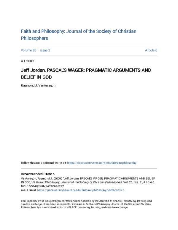 (PDF) Pascal's Wager: Pragmatic Arguments and Belief in God