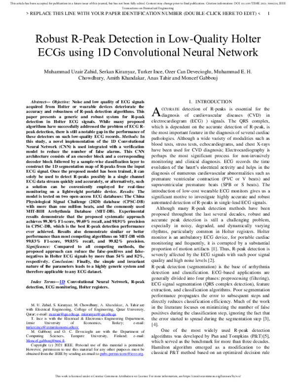 Pdf Robust R Peak Detection In Low Quality Holter Ecgs Using 1d