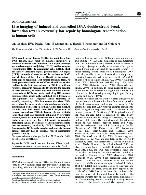 (PDF) Live imaging of induced and controlled DNA double-strand break ...