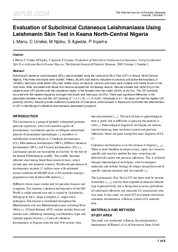 (PDF) Evaluation of Subclinical Cutaneous Leishmaniasis Using ...