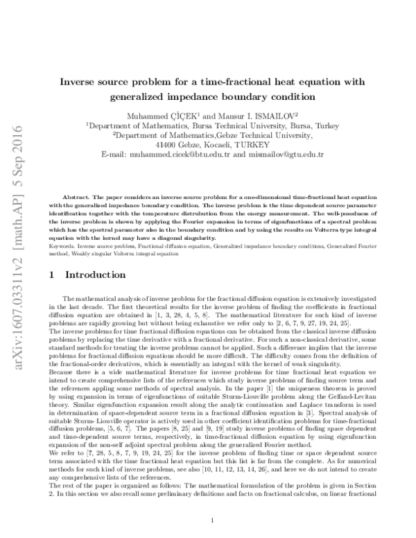 Pdf Inverse Source Problem For A Time Fractional Heat Equation With
