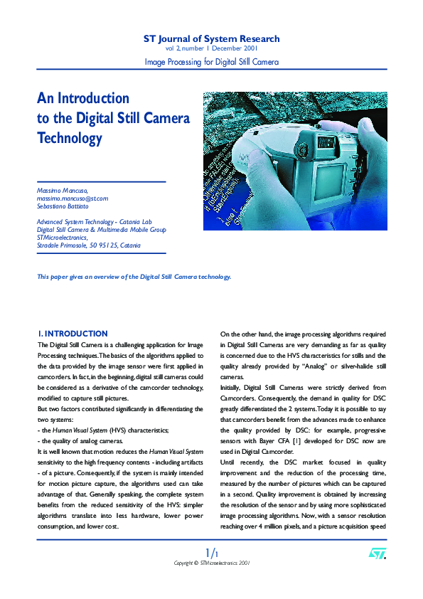 (PDF) An Introduction to the Digital Still Camera Technology
