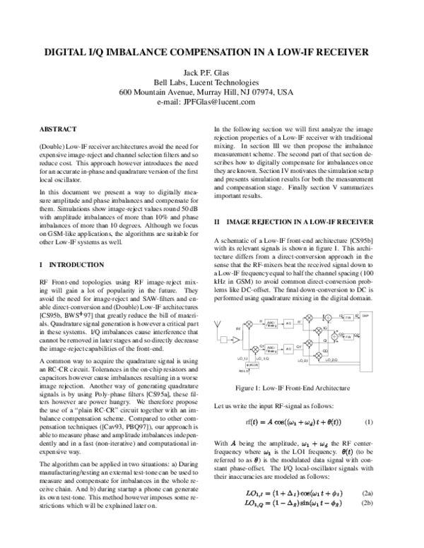 (PDF) Digital I/Q Imbalance Compensation in a Low-If Receiver