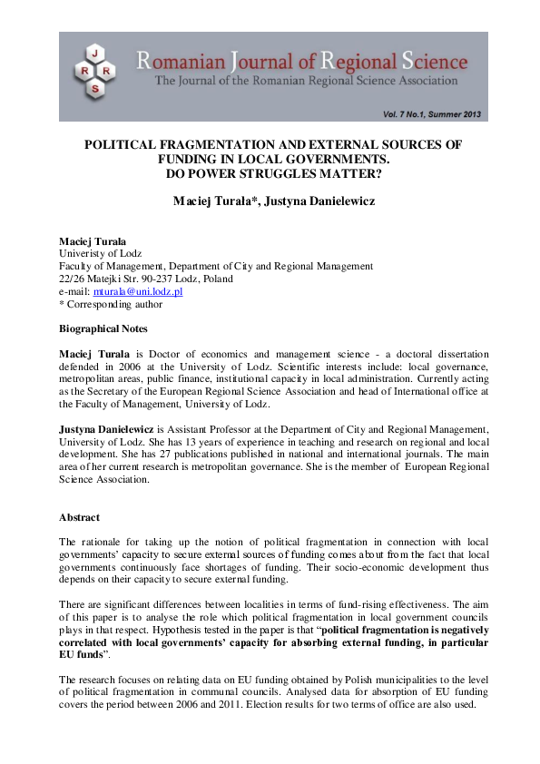 (PDF) Political Fragmentation And External Sources Of Funding In Local ...