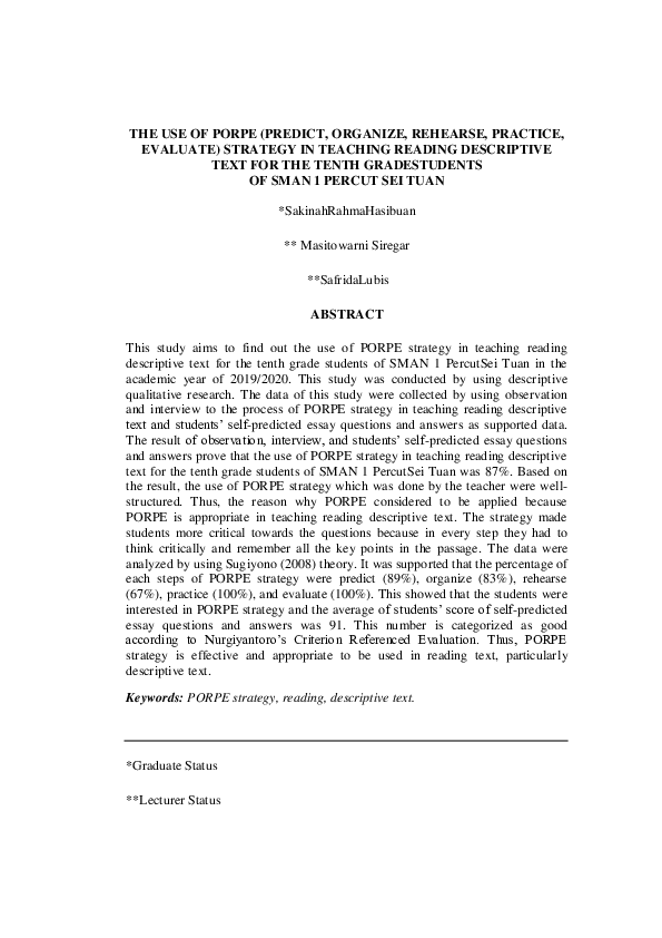 (PDF) The Use of Porpe (Predict, Organize, Rehearse, Practice, Evaluate) Strategy in Teaching ...
