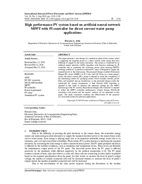 (PDF) High performance PV system based on artificial neural network MPPT with PI controller for ...