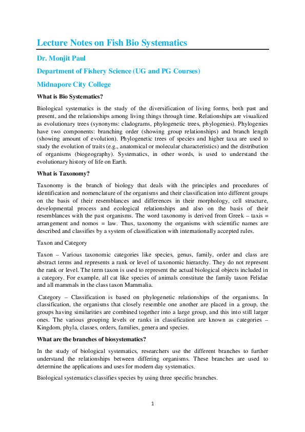 (PDF) Lecture Notes on Fish Bio Systematics