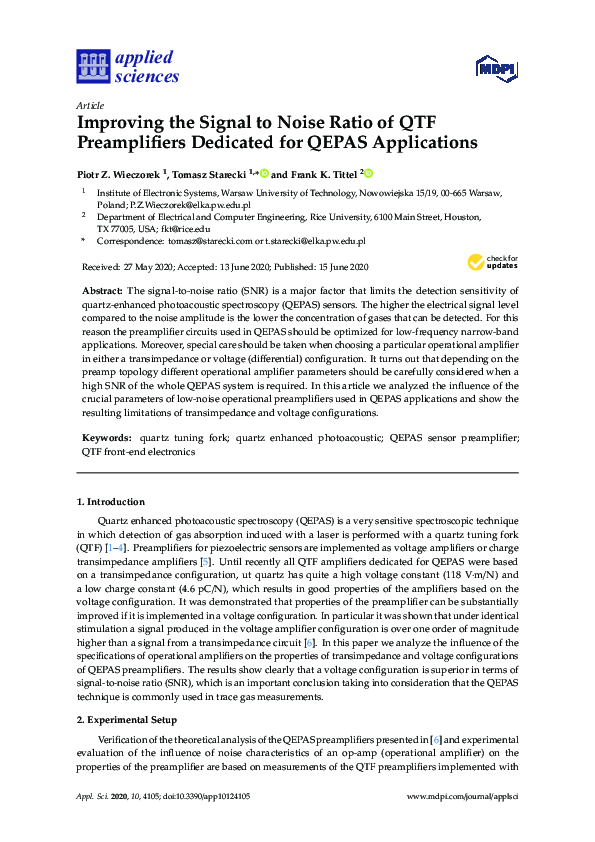 (PDF) Improving the Signal to Noise Ratio of QTF Preamplifiers Dedicated for QEPAS Applications