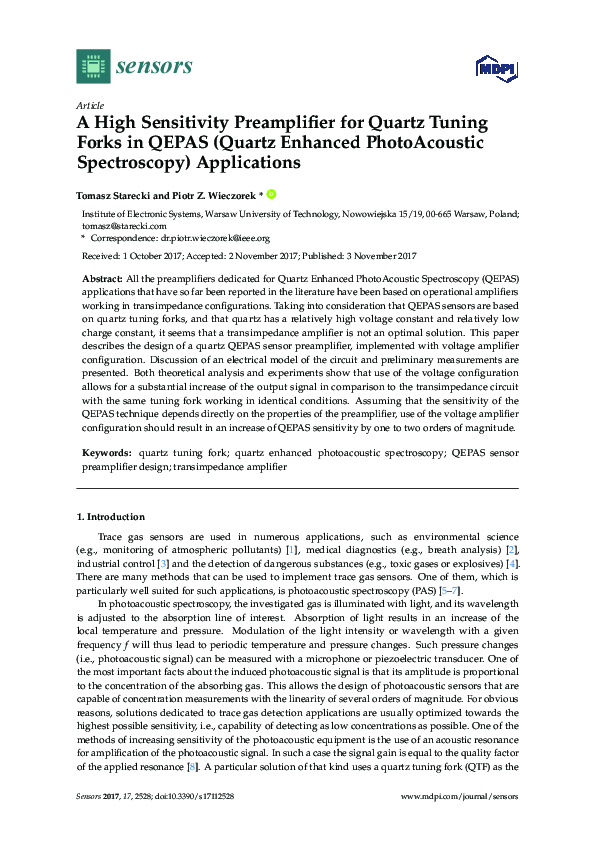 (PDF) A High Sensitivity Preamplifier for Quartz Tuning Forks in QEPAS (Quartz Enhanced ...