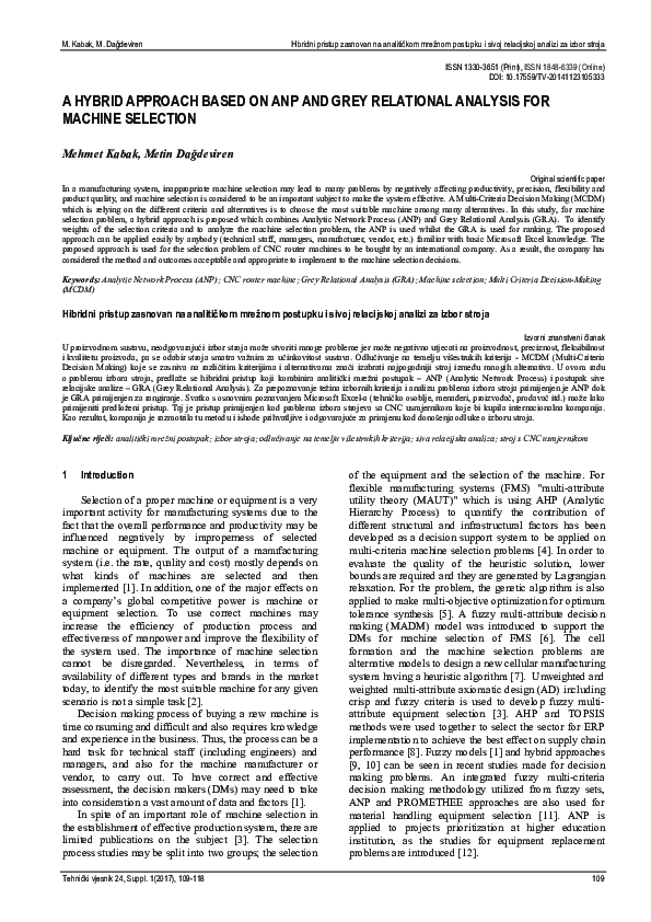 (PDF) A hybrid approach based on ANP and grey relational analysis for machine selection