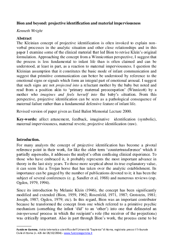 (PDF) Bion and beyond : projective identification and material ...