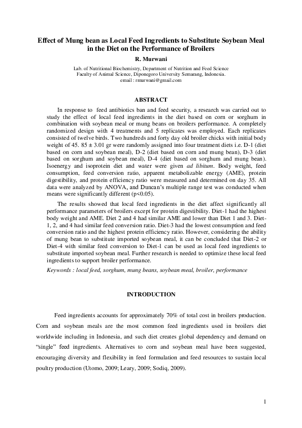 Pdf Effect Of Mungbean As Local Feed Ingredients To Substitute