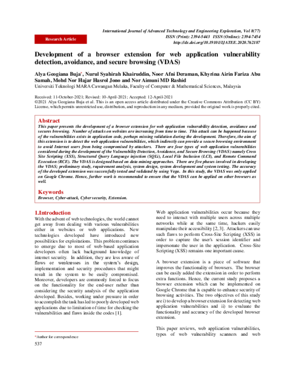 (PDF) Development of a browser extension for web application vulnerability detection, avoidance ...
