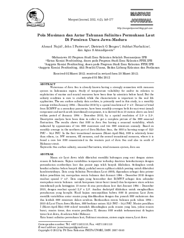 (PDF) Pola Musiman dan Antar Tahunan Salinitas Permukaan Laut Di ...