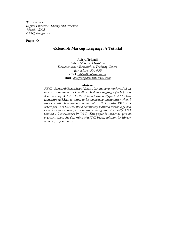 (PDF) eXtensible Markup Language: A Tutorial