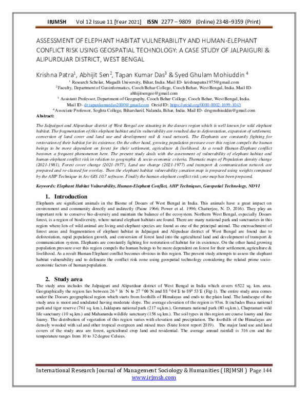 (PDF) ASSESSMENT OF ELEPHANT HABITAT VULNERABILITY AND HUMAN-ELEPHANT ...