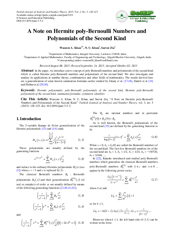 Pdf A Note On Hermite Poly Bernoulli Numbers And Polynomials Of The Second Kind