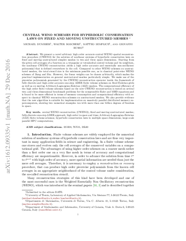 Pdf Central Weighted Eno Schemes For Hyperbolic Conservation Laws On Fixed And Moving