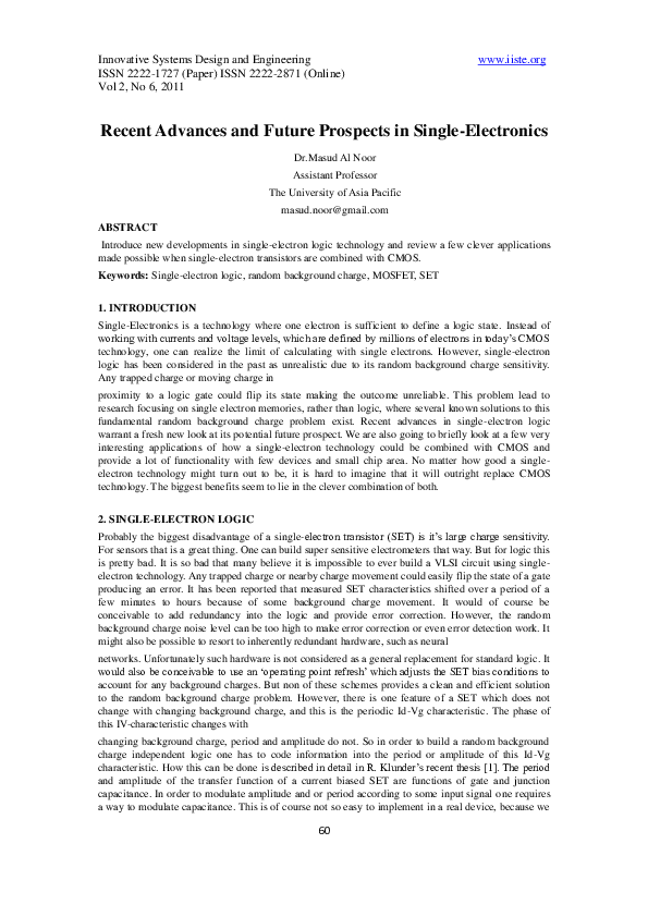 (PDF) Recent Advances and Future Prospects in Single-Electronics