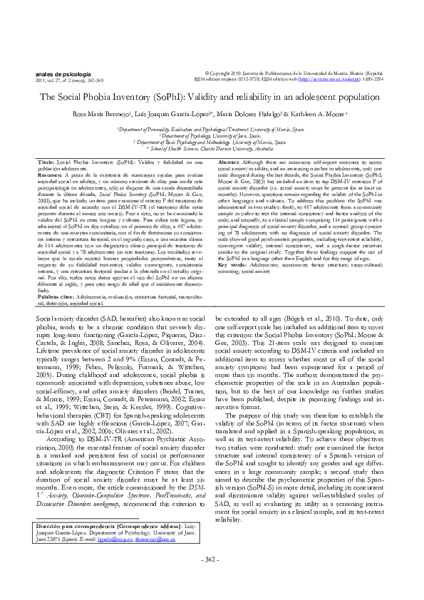 (PDF) The Social Phobia Inventory (SoPhI): Validity and reliability in ...
