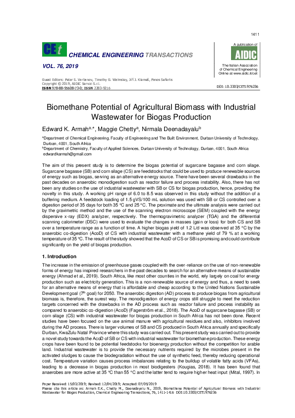 (PDF) Biomethane Potential of Agricultural Biomass with Industrial ...