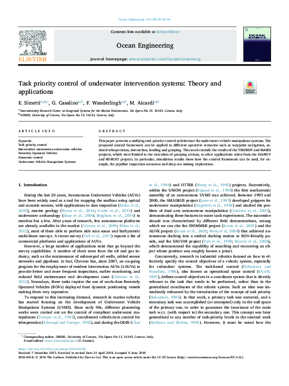 Pdf Task Priority Control Of Underwater Intervention Systems Theory And Applications