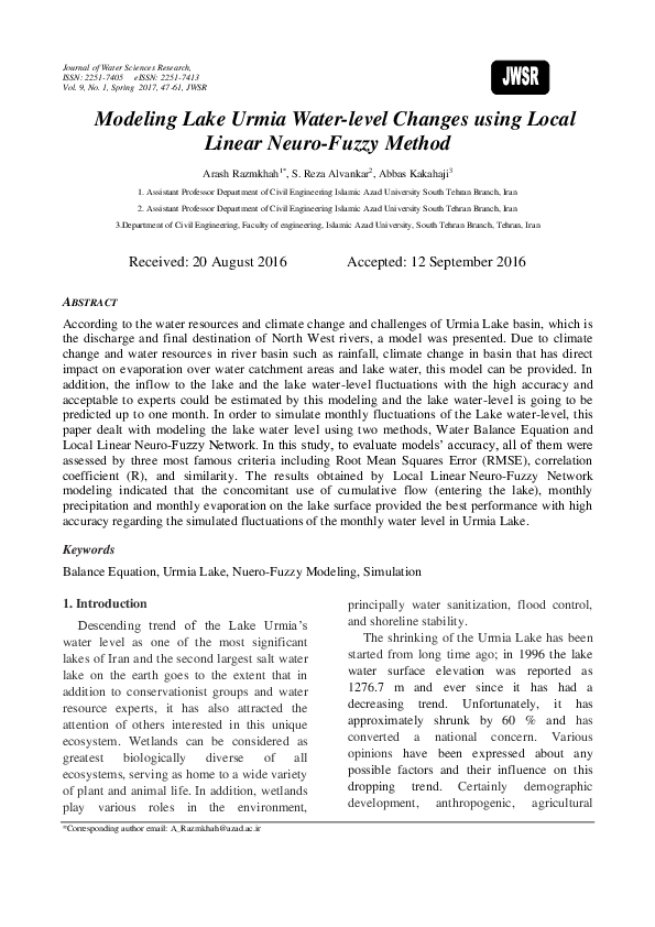 (PDF) Modeling Lake Urmia Water-Level Changes using Local Linear Neuro-Fuzzy Method