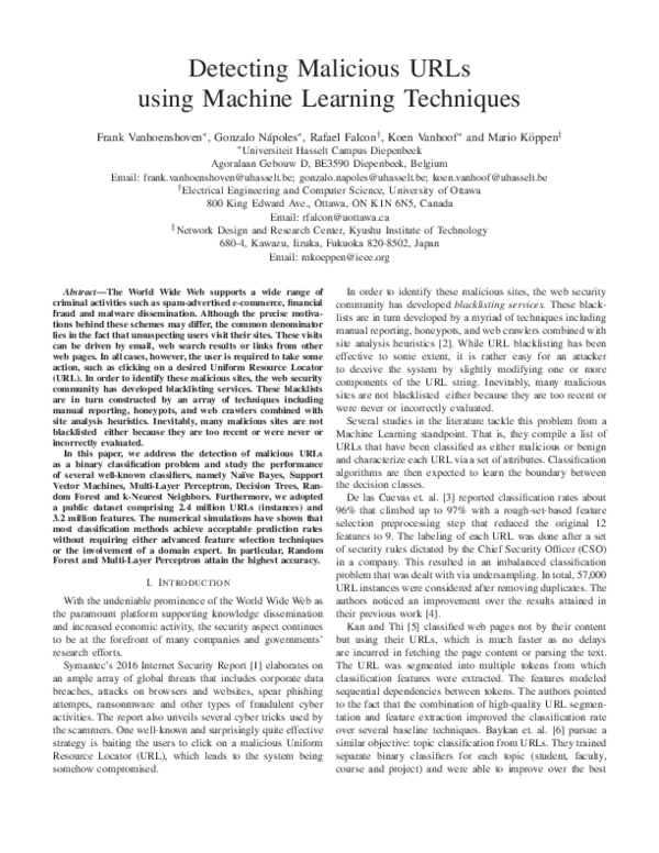 (PDF) Detecting malicious URLs using machine learning techniques