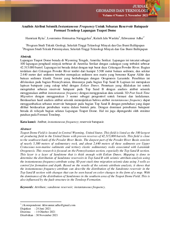(PDF) Analisis Atribut Seismik Instantaneous Frequency Untuk Sebaran Reservoir Batupasir Formasi ...