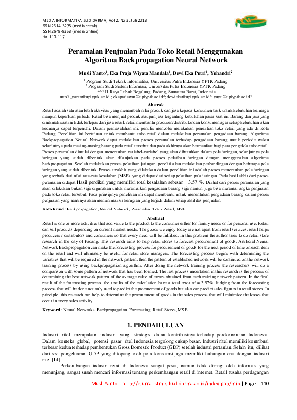(PDF) Peramalan Penjualan Pada Toko Retail Menggunakan Algoritma Backpropagation Neural Network