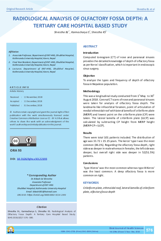 (PDF) Radiological Analysis of Olfactory Fossa Depth: A Tertiary Care ...