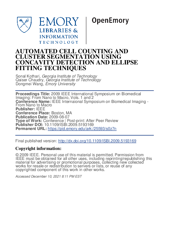 (PDF) Automated cell counting and cluster segmentation using concavity detection and ellipse ...
