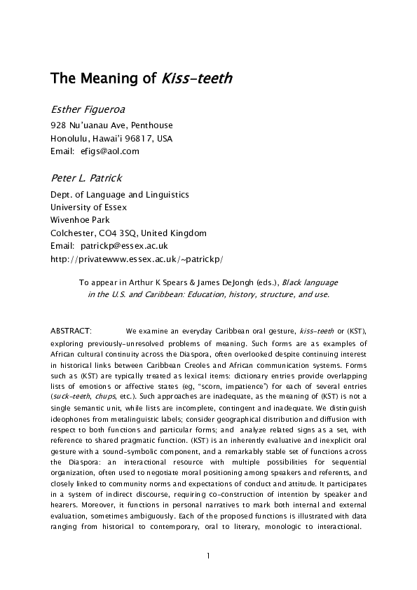 (PDF) The meaning of kiss-teeth