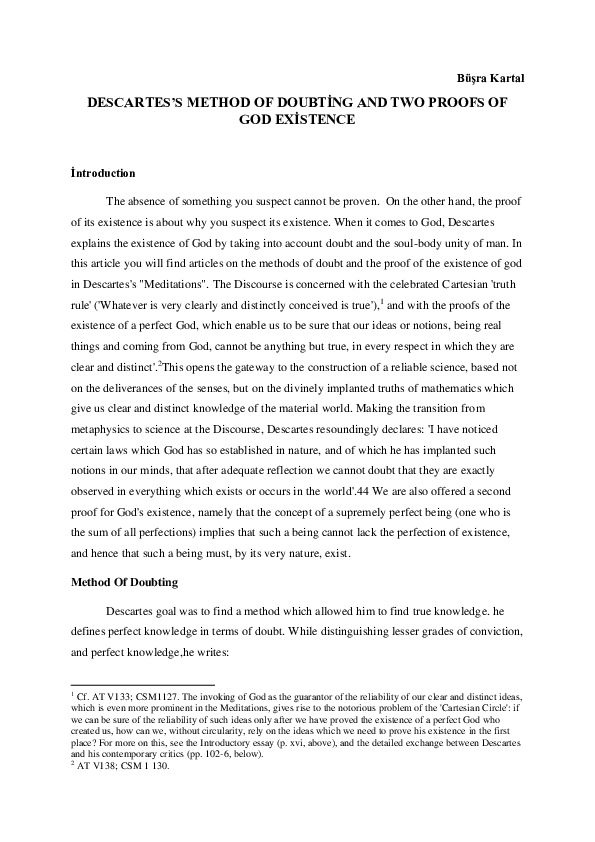 (PDF) DESCARTES'S METHOD OF DOUBTİNG AND TWO PROOFS OF GOD EXİSTENCE