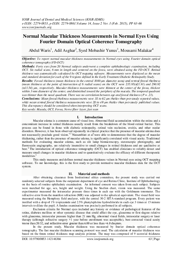 (PDF) Normal Macular Thickness Measurements in Normal Eyes Using ...
