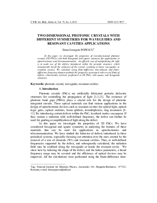 (PDF) Two Dimensional Photonic Crystals with Different Symmetries for Waveguides and Resonant ...