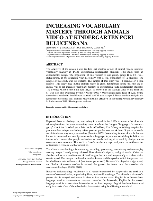 (PDF) Increasing Vocabulary Mastery Through Animals Video at ...