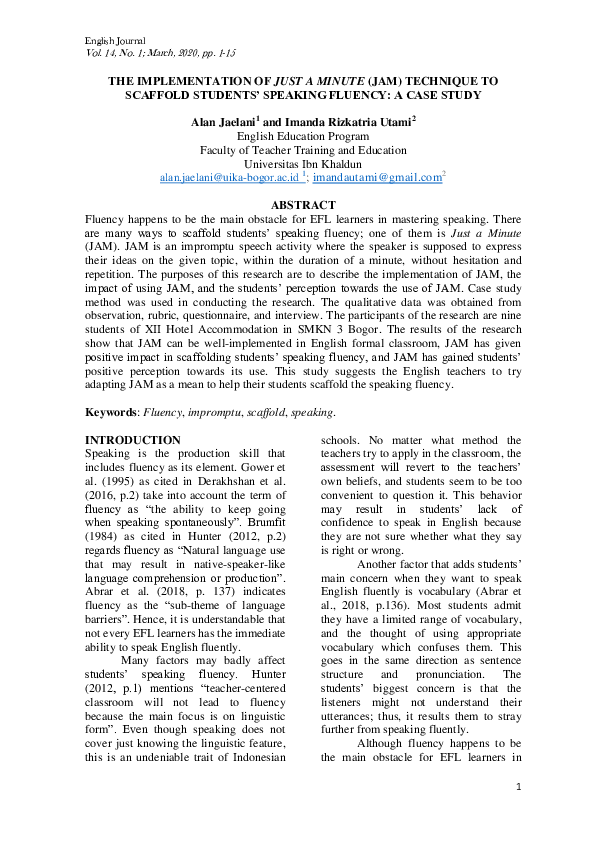 (PDF) The Implementation of Just a Minute (Jam) Technique to Scaffold ...